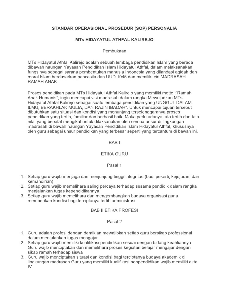 STANDAR OPERASIONAL PROSEDUR (Sop Personalia) | PDF