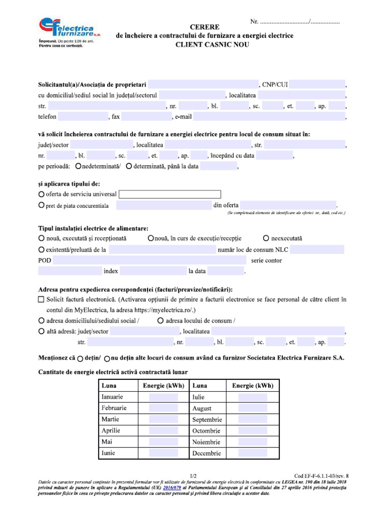 Cerere Intocmire Contract de Furnizare Energie Electrica | PDF