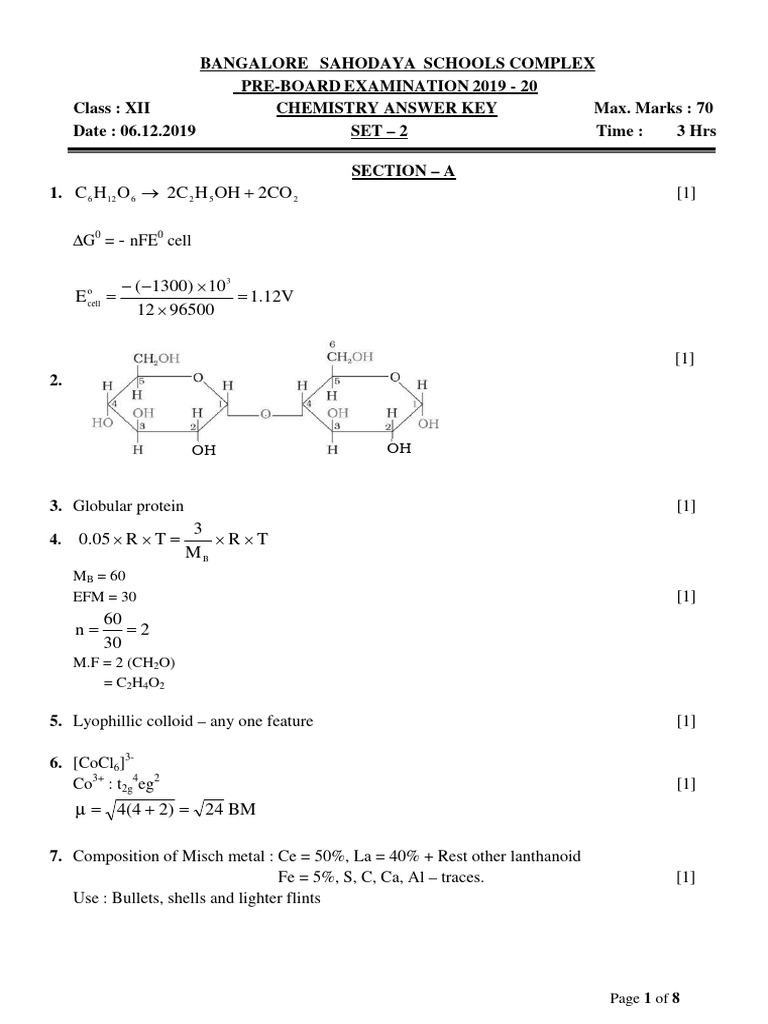 CHEMISTRY Answers - 2019-20 - SET2 | PDF | Mole (Unit) | Organic Chemistry