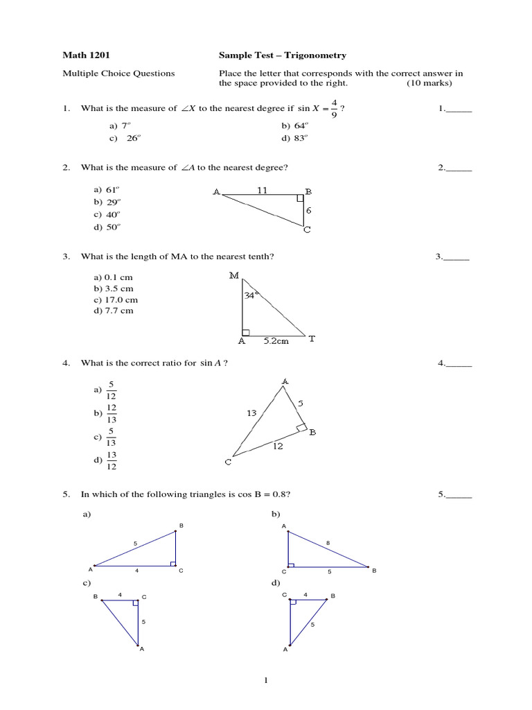 Math 1201 Trigonometry Sample Test | PDF