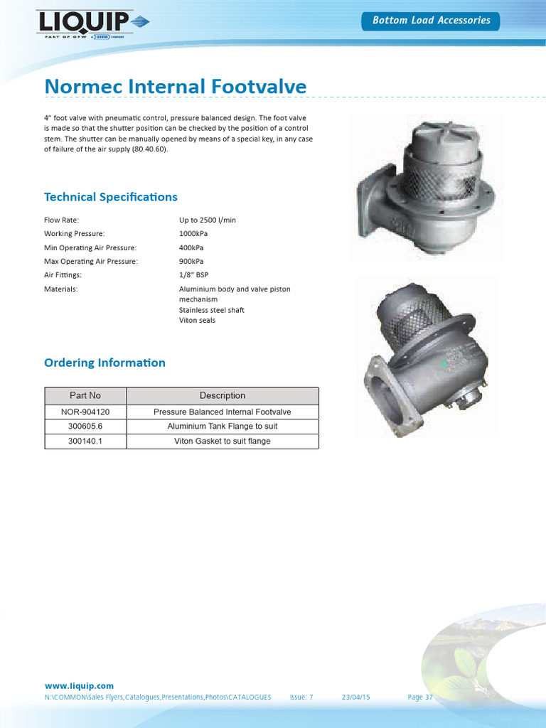 Normec Internal Footvalve Specs | PDF | Valve | Machines