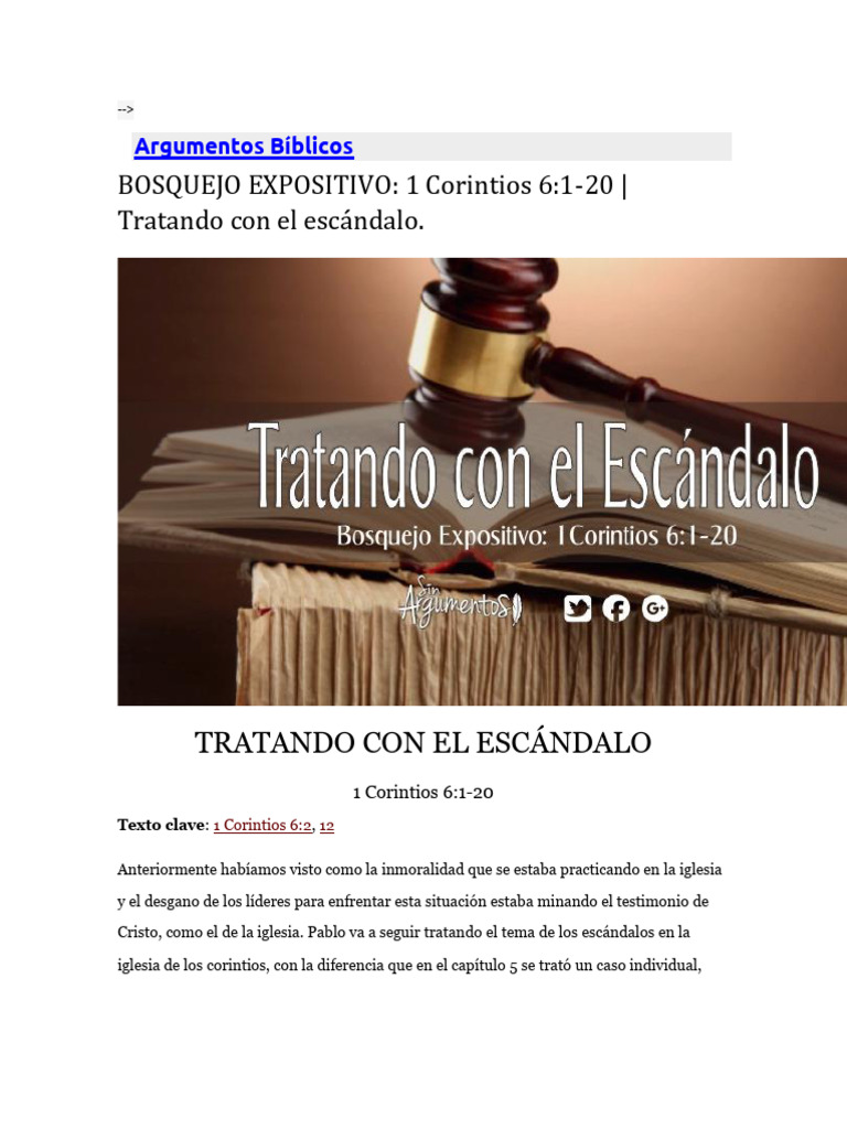 BOSQUEJO EXPOSITIVO 1 Corintios 6 1 20 Tratando Con El Escándalo | PDF | Primera epístola a los ...