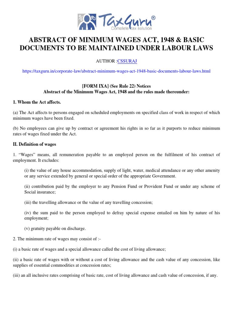 Abstract of Minimum Wages Act, 1948 Basic Documents To Be Maintained ...