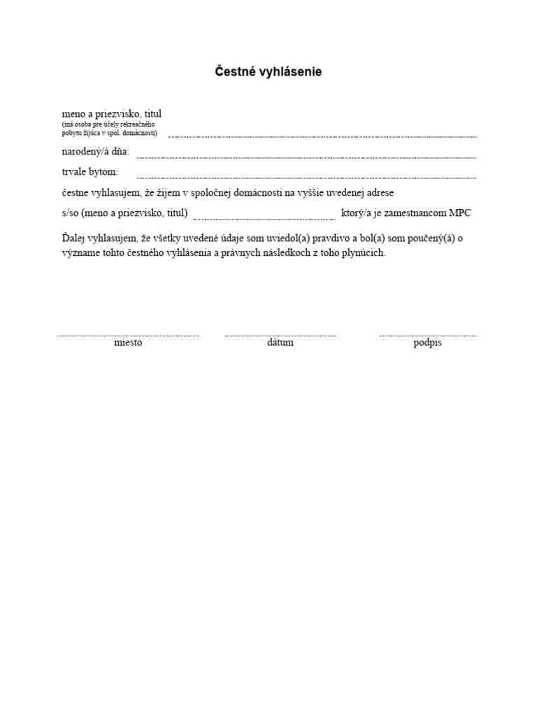 Cestne Vyhlasenie Spolocna Domacnost | PDF