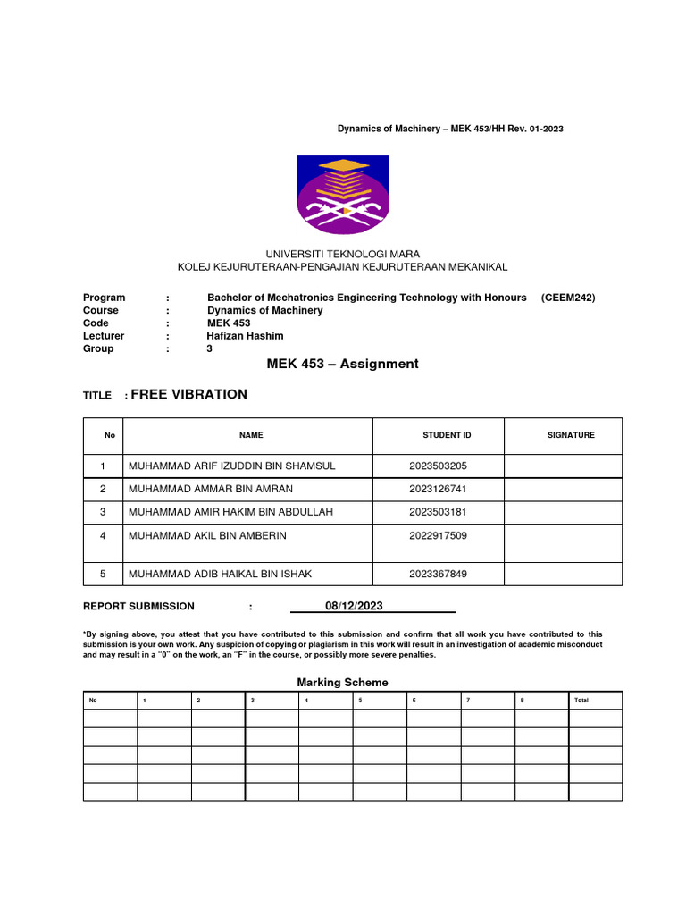 Dynamic Lab1 Free Vibration | PDF | Teaching Methods & Materials | Technology & Engineering
