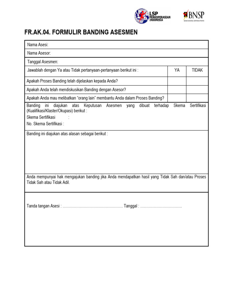 04 FR Ak 04 Formulir Banding Asesmen | PDF