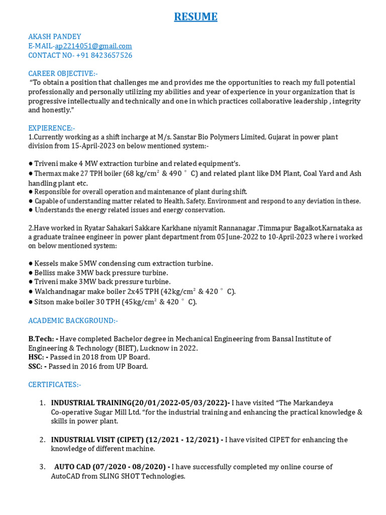 Akash Resume | PDF | Power Station | Computer Aided Design