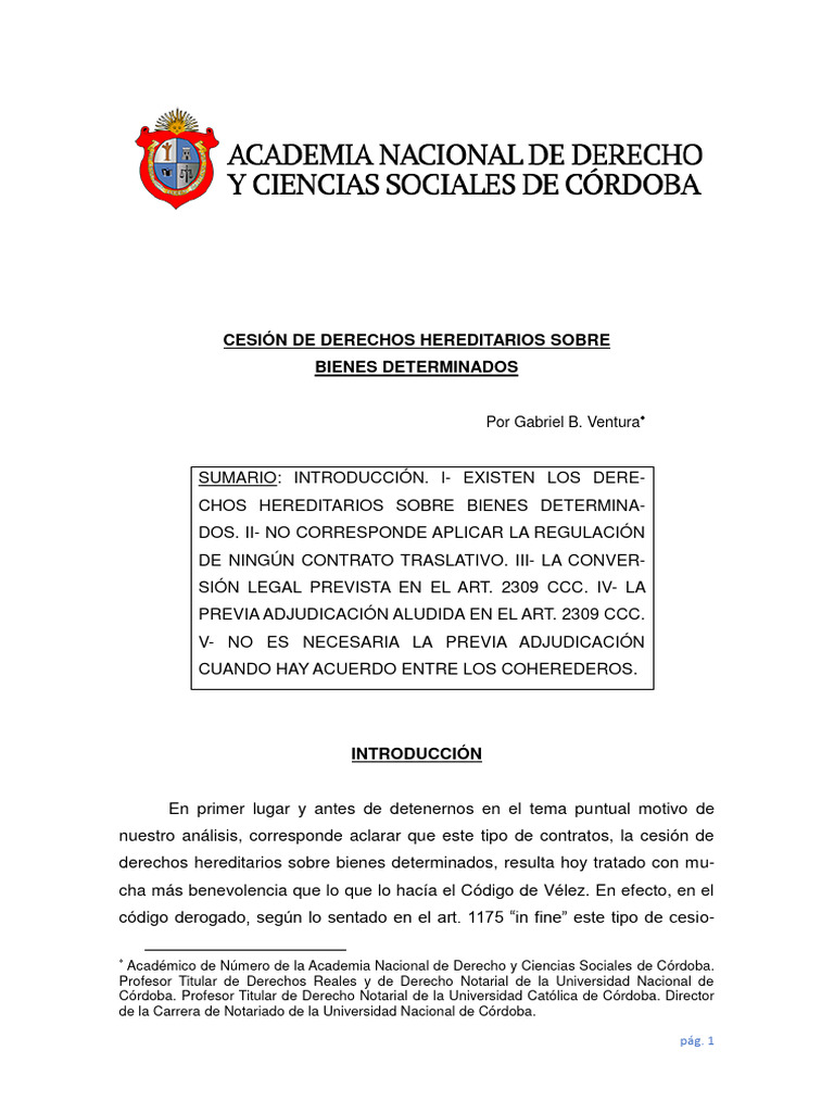 Cesion de Derechos Hereditarios Sobre Bienes Determinados Por Gabriel B ...