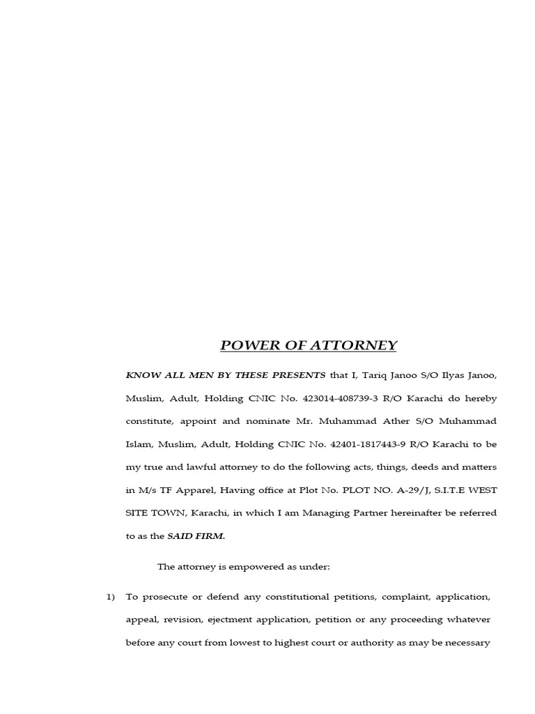 Power of Attorney Format | PDF | Affidavit | Lawyer