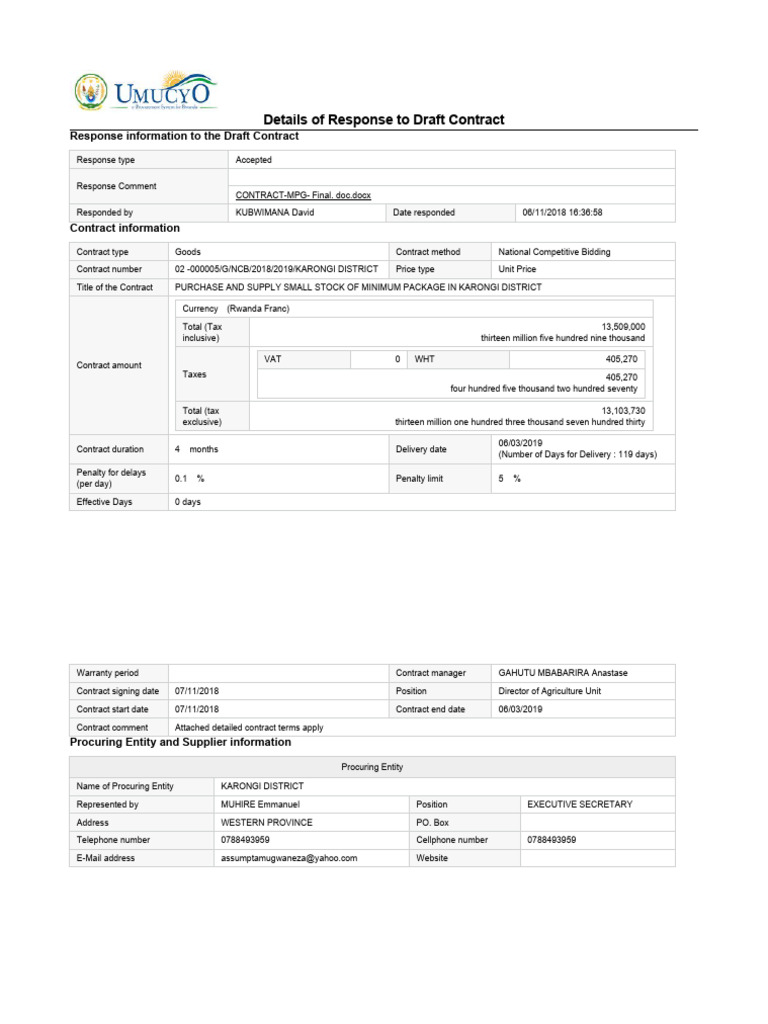 Details of Response To Draft Contract - Karongi | PDF | Procurement | Taxes