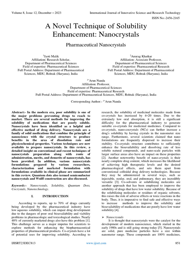 A Novel Technique of Solubility Enhancement: Nanocrystals | PDF