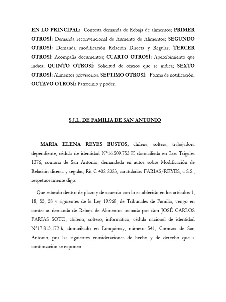 Contestacion RDR y Reconv Alimentos Nena Reyes | PDF | Pensión ...