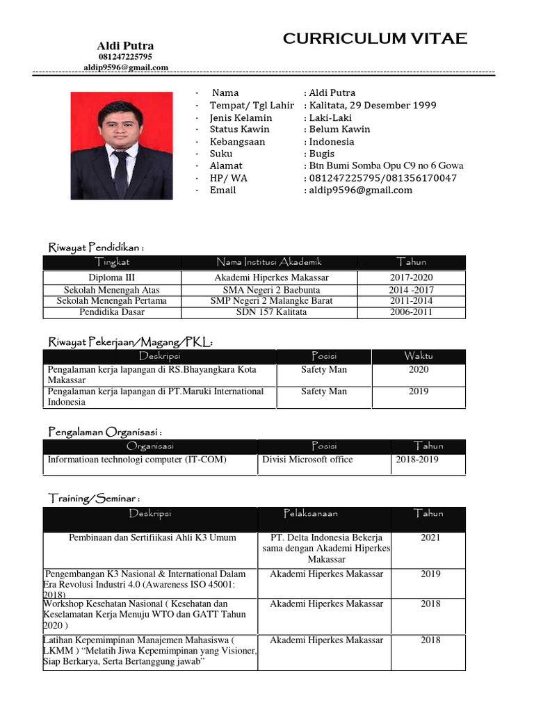 CV Aldi Putra: Ahli K3 dan Safety Man | PDF