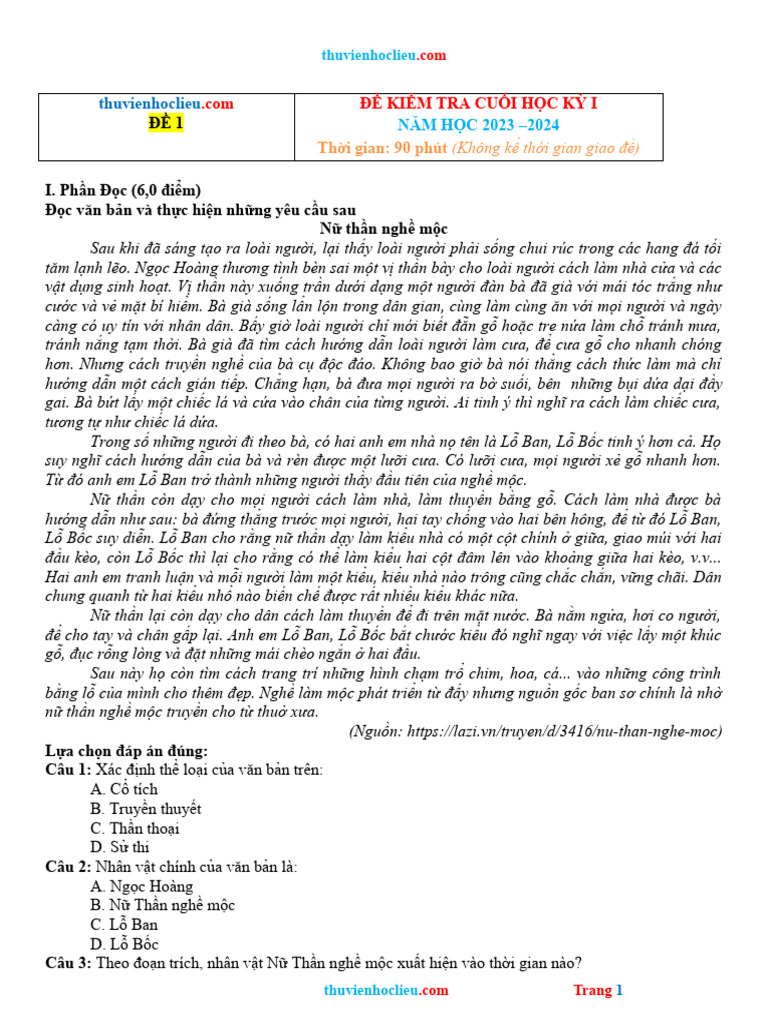 Đề thi cuối học kỳ môn Ngữ Văn 10 CTST | PDF