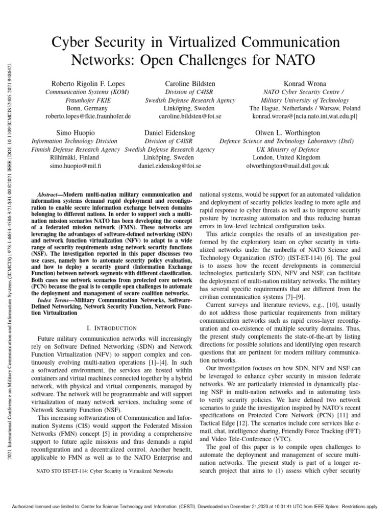 Cyber Security in Virtualized Communication Networks Open Challenges For NATO | PDF | Computer ...