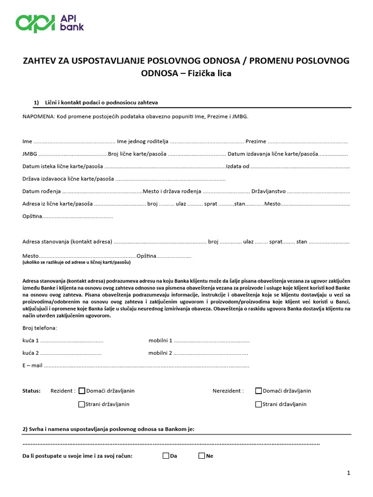 Zahtev Za Uspostavljanje Poslovnog Odnosa Za Fizicka Lica | PDF