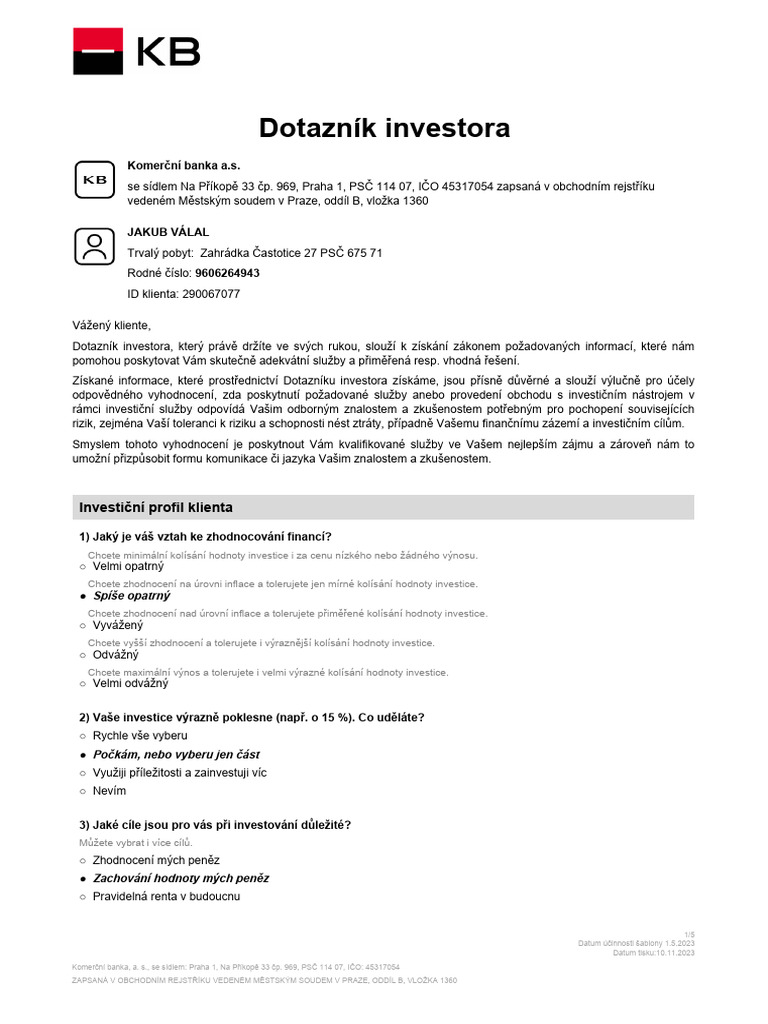 Investiční Dotazník - 1699606206344 | PDF