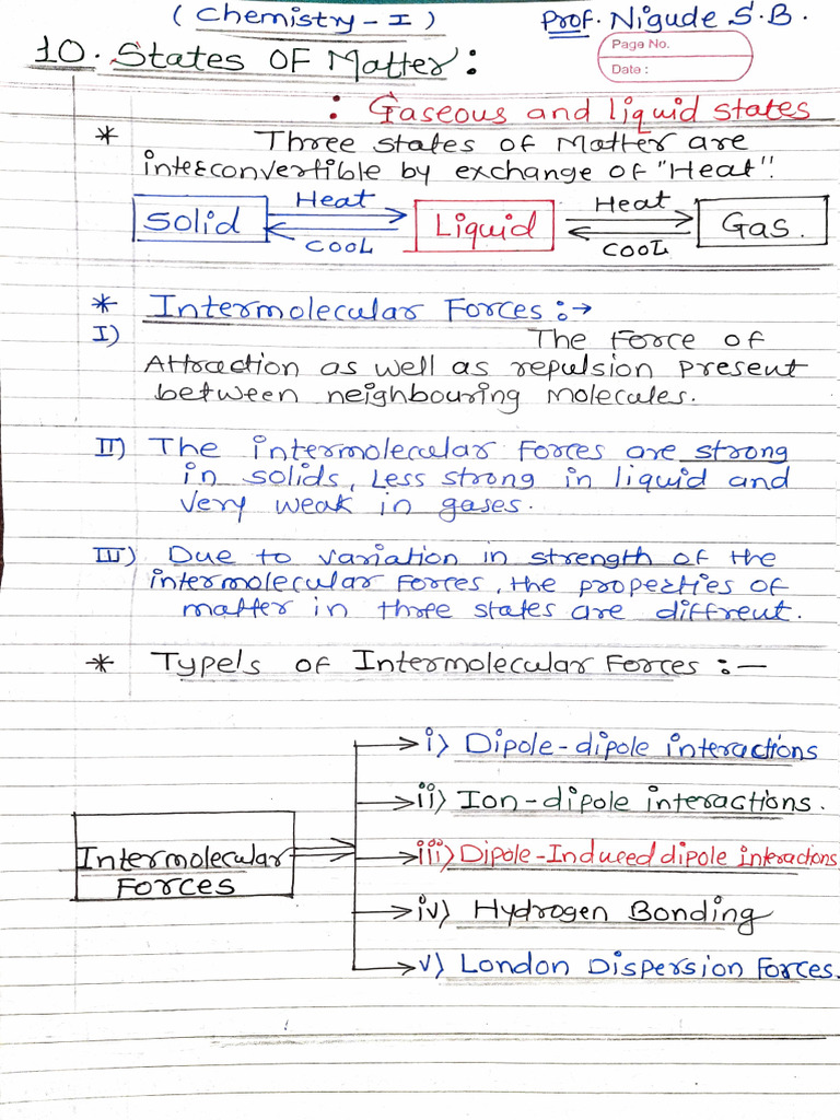 States of Matter Notes 2023 Chemistry 1st by Prof. Nigude S.B. | PDF