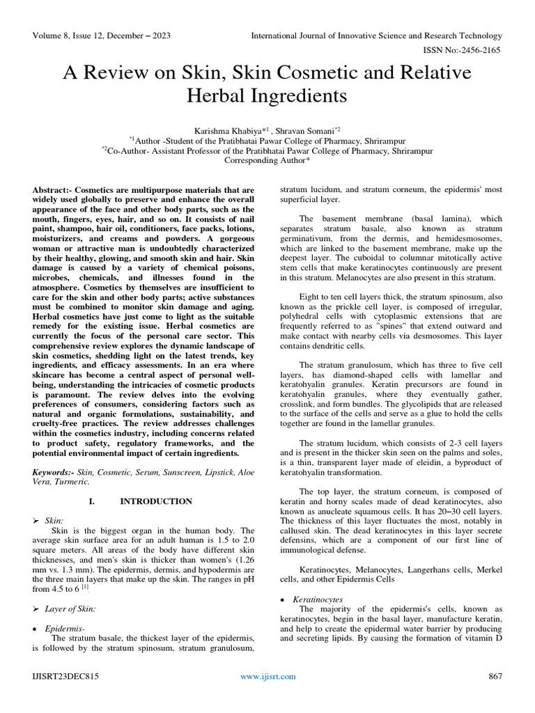 A Review On Skin, Skin Cosmetic and Relative Herbal Ingredients | PDF ...