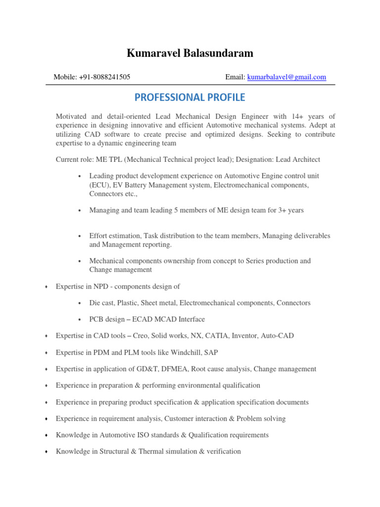 Kumaravel Resume 14+ Lead Mechanical Designer - TL | PDF | Mechanical Engineering | Computer ...