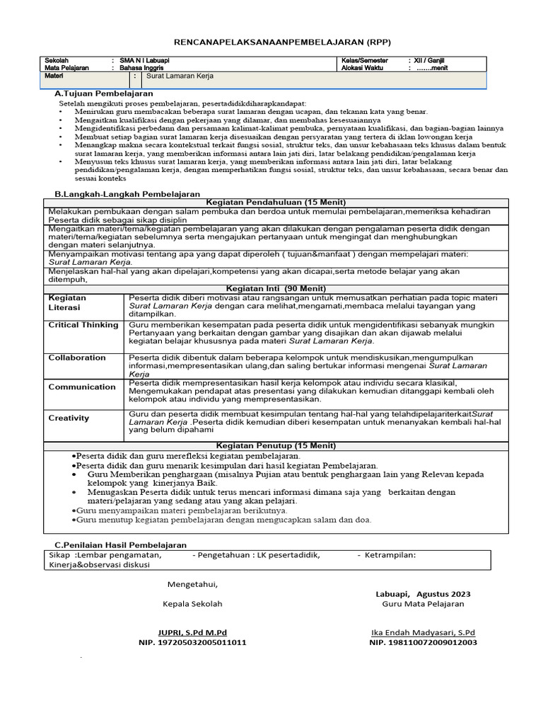 2 - RPP 1 Lembar B.ing Kelas 12 | PDF