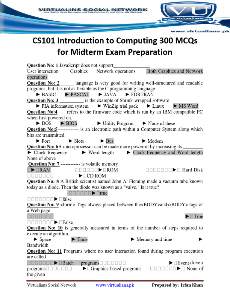 Cs101 Introduction To Computing 300 Mcqs For Midterm Exam Preparation | PDF | World Wide Web ...