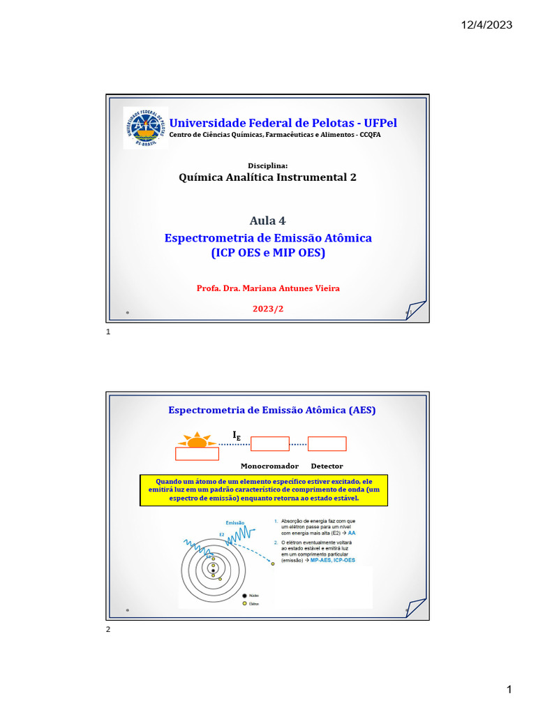 Aula 4 - QAI 2 2023-2 - Espectrometria de Emissão Atômica (ICP OES e MIP OES) | PDF