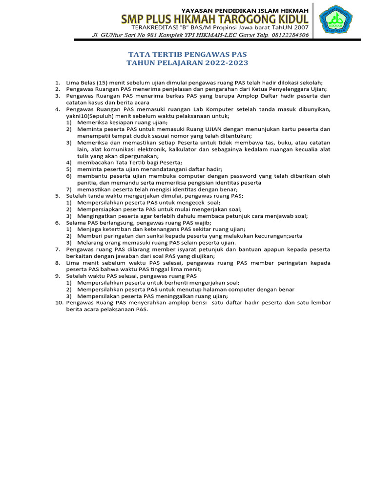 Tata Tertib Pengawas Pas 2022 | PDF