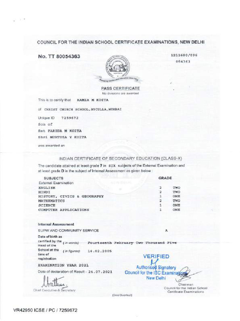 ICSE Pass Certificate-Verified_compressed | PDF