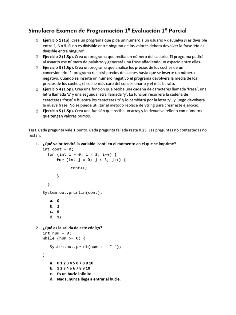 Simulacro Examen de Programación 1 Evaluación 1º Parcial | PDF