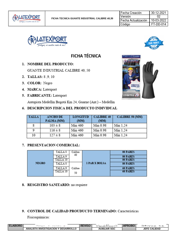 Ficha Técnica Guante Industrial | PDF | Materiales | Compuestos químicos