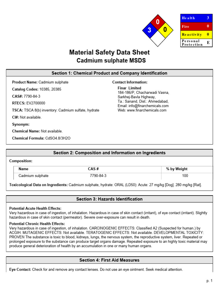 Cadmium Sulphate CdSO4 | Download Free PDF | Toxicity | Personal ...