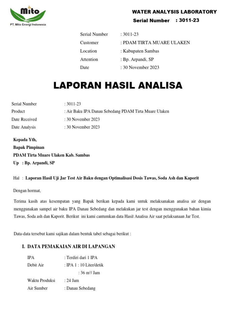 Laporan Hasil Kunjungan Service IPA Danau Sebedang November 2023 | PDF