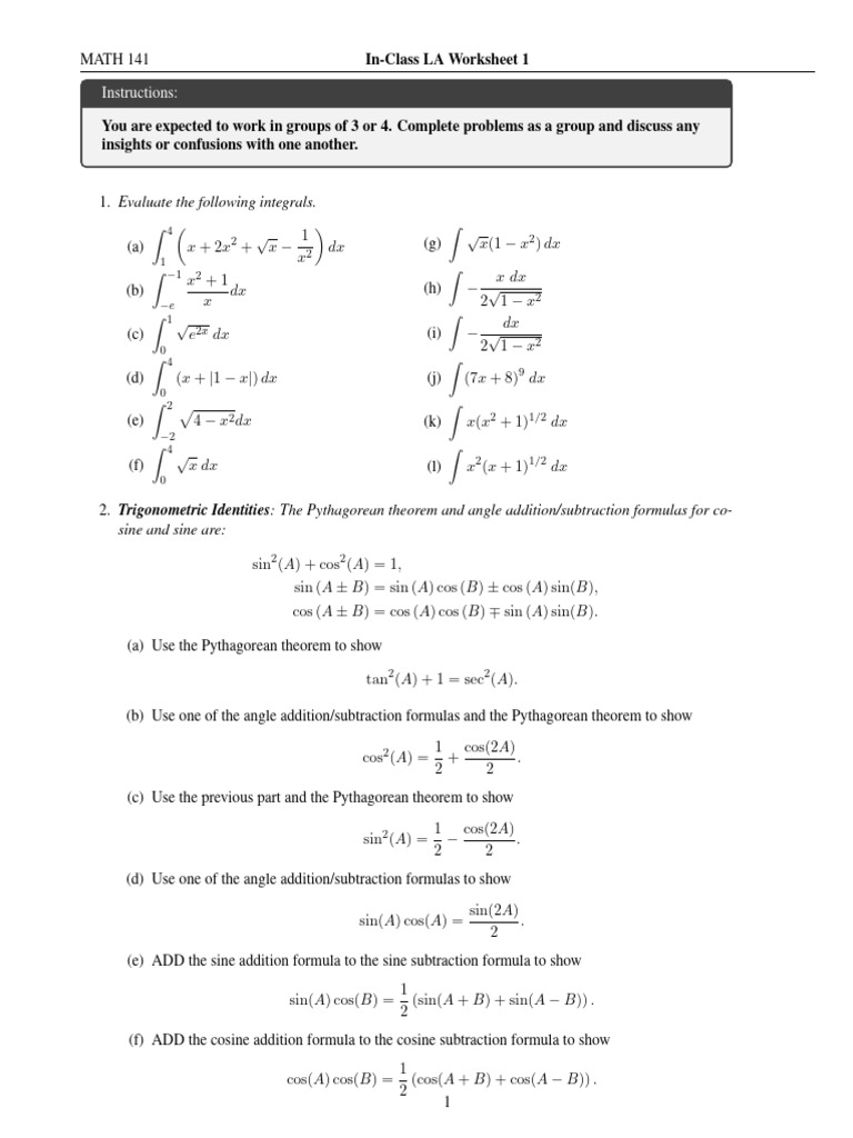 MATH 141: Integrals and Trigonometric Identities Worksheet | PDF