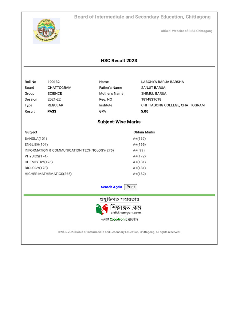 HSC Result BISE Chittagong | PDF