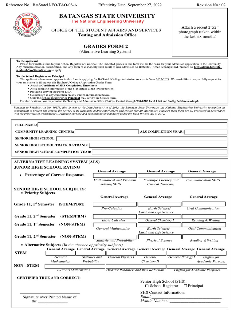 BatStateU-FO-TAO-08-A - Grades Form 2 (Alternative Learning System ...