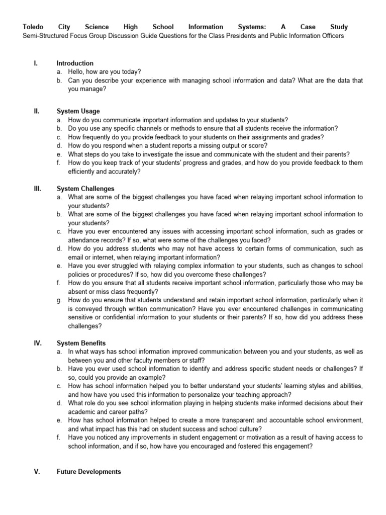 C. CLASS ADVISERS - Focus Group Discussion Interview Guide Questions | PDF