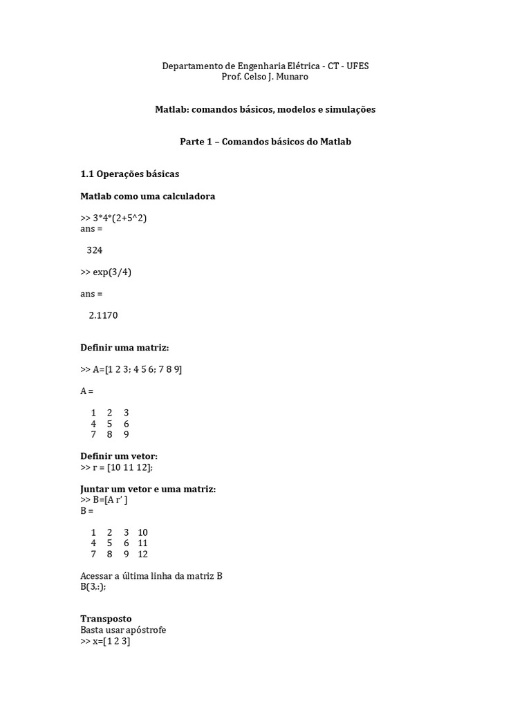 Matlab - Comandos Basicos e Simulações | PDF | Matriz (Matemática) | Matlab
