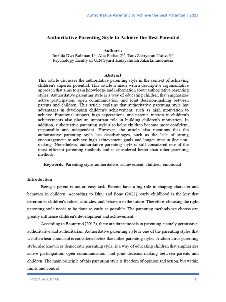 Authoritative Parenting Style To Achieve The Best Potential Pdf