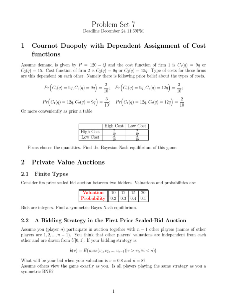 Problem Set 7 | PDF | Auction | Auction Theory
