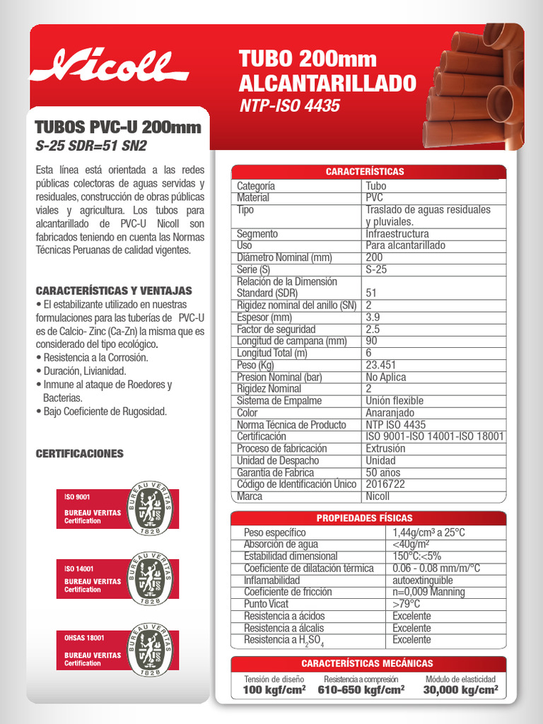 F.T.Tubo de Alcantarillado - 200 - C25 | PDF | Alcantarillado | Física ...