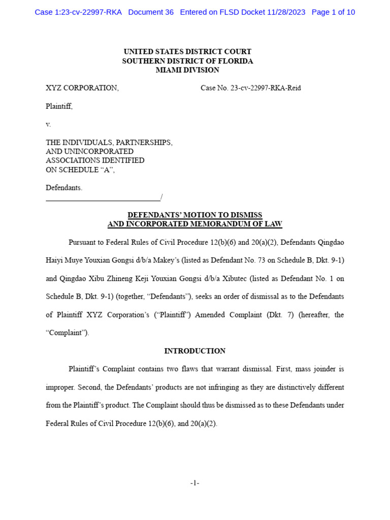 XYZ (pickle jar) v. Schedule A - Motion to Dismiss (Good Includes Pics ...