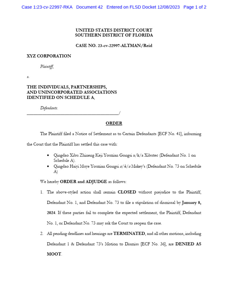 XYZ (Pickle Jar) v. Schedule A - Order Denying MTD As Moot | PDF | Law
