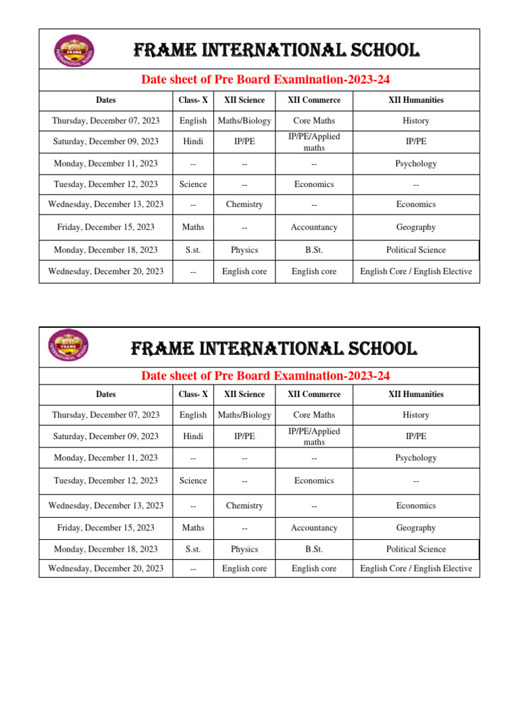 Pre-Board Examination Schedule 2023-24 | PDF