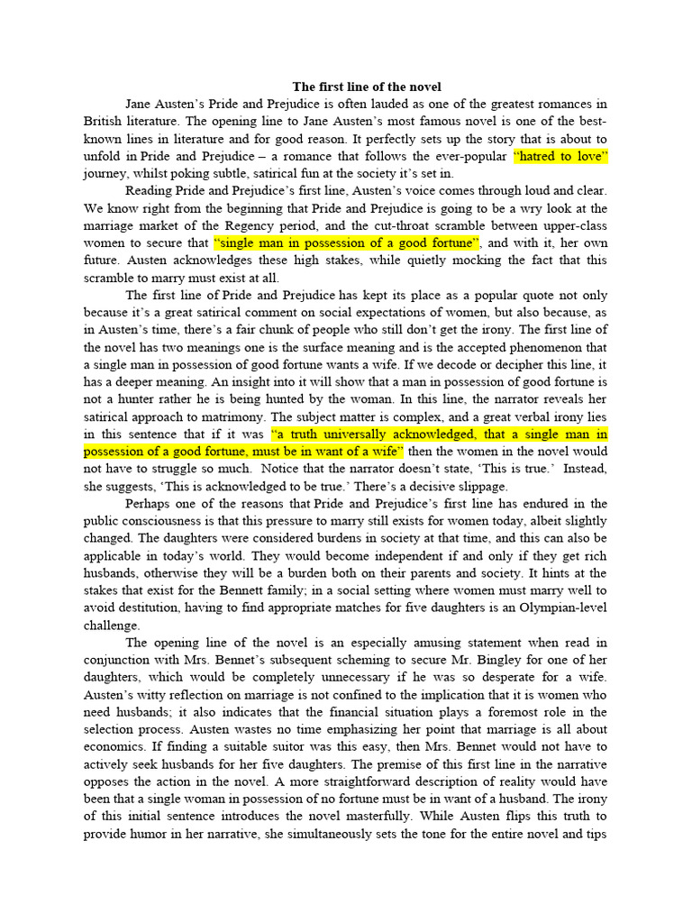 The First Line of The Novel | PDF | Pride And Prejudice