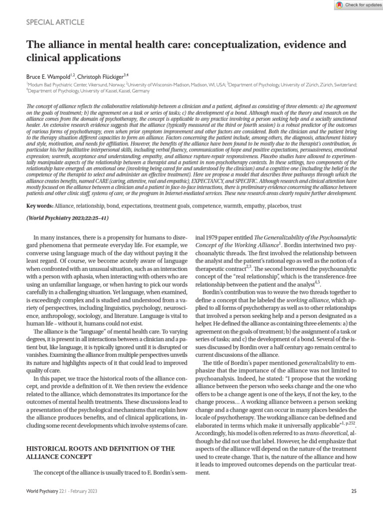 World Psychiatry - 2023 - Wampold - The Alliance in Mental Health Care ...