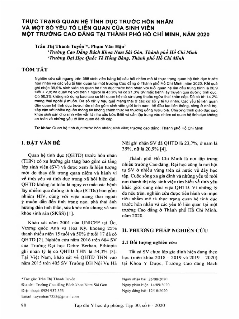 Thực trạng QHTD trước hôn nhân và một số yếu tối liên quan | PDF