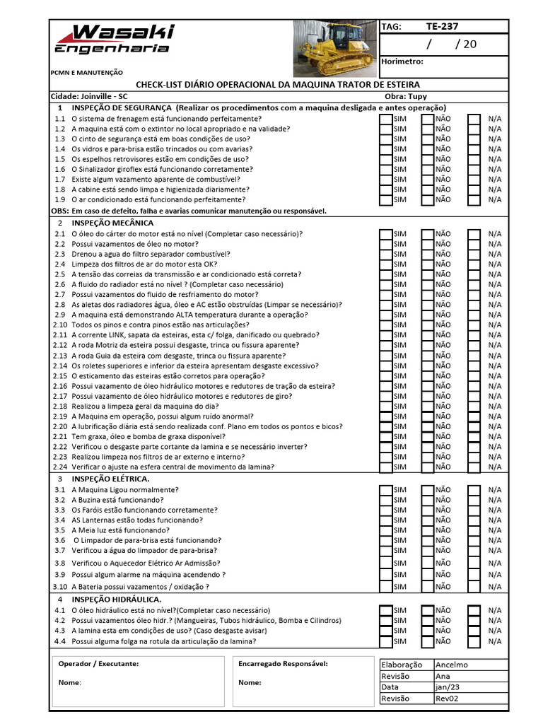 Check List Diario Trator de Esteira | Download grátis PDF | Motores ...