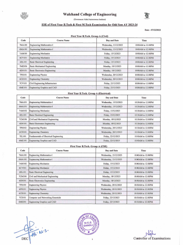 ESE Time Table FY B.Tech. & M.Tech. Odd Sem AY 2023-24 | PDF