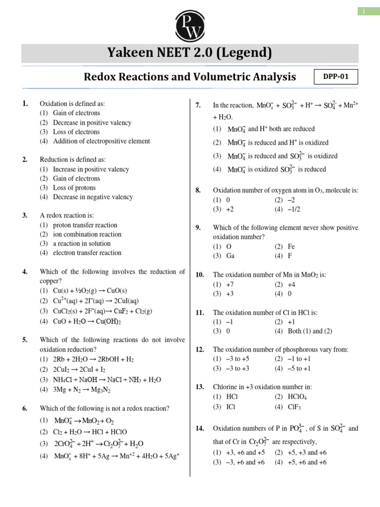 Redox Reactions and Volumetric Analysis - DPP 01 (Of Lec-02) - Yakeen 2 ...